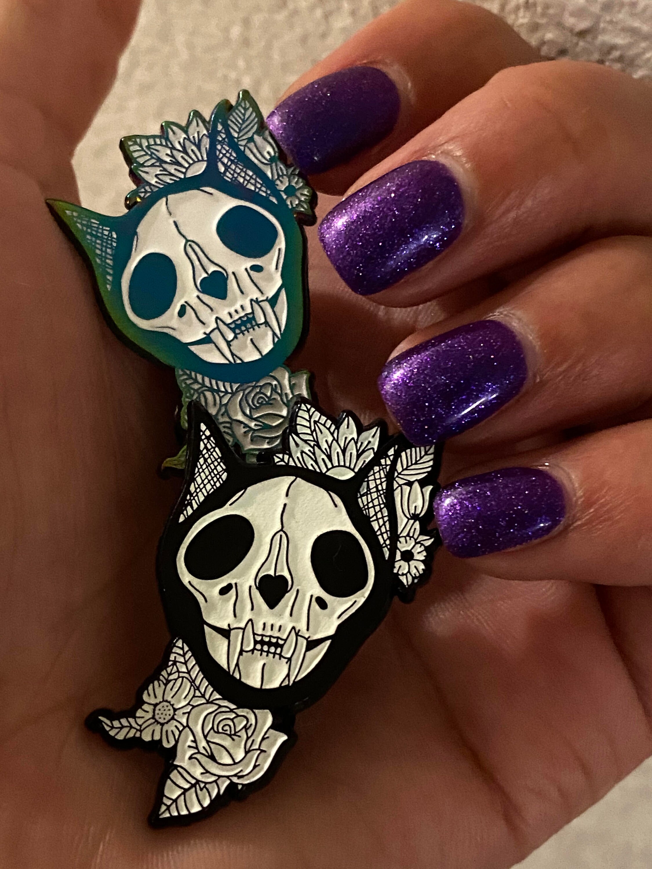 Rainbow Metal Floral Cat Skull Glow in the Dark Enamel Pin - Etsy