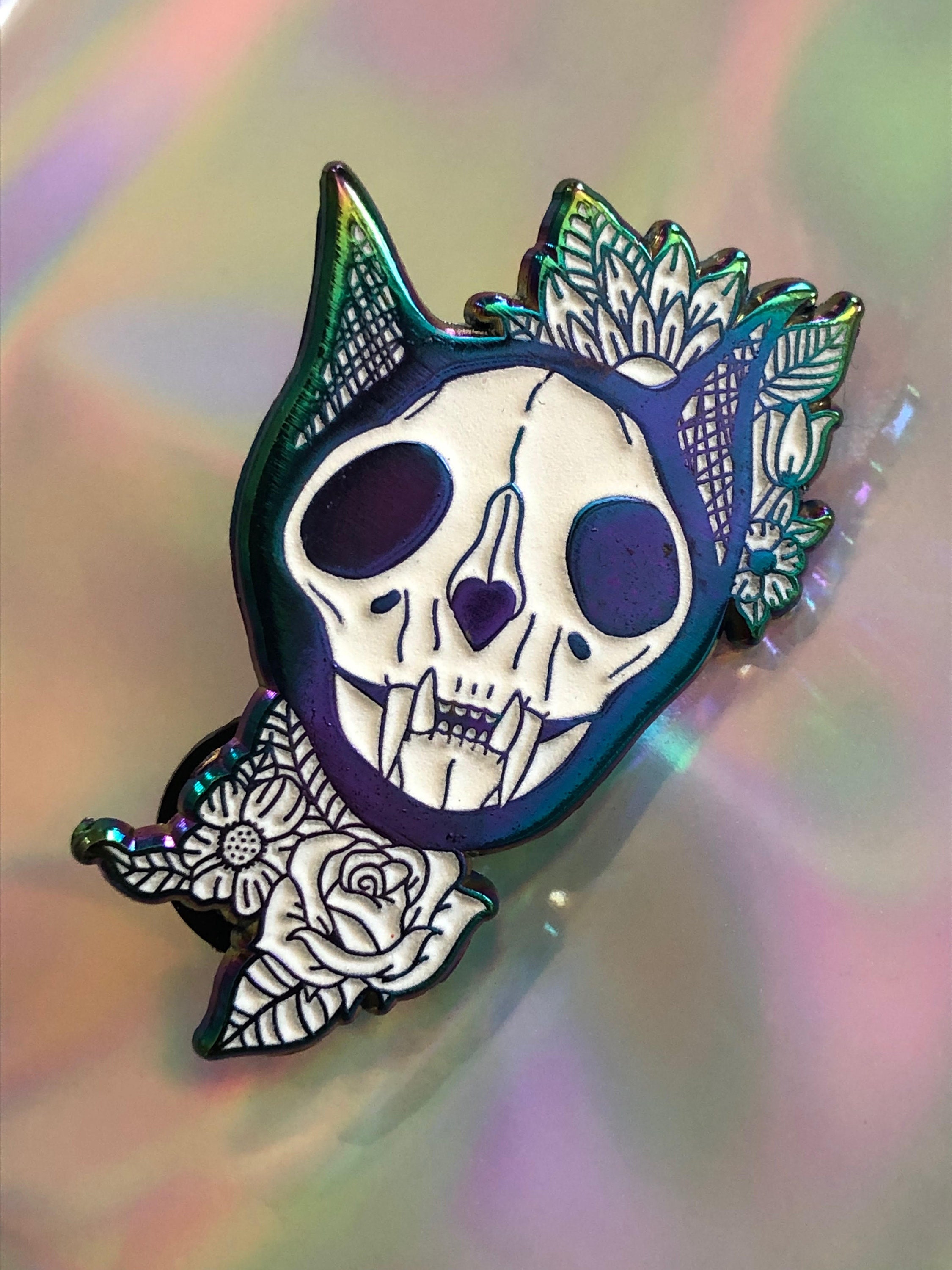 Rainbow Metal Floral Cat Skull Glow in the Dark Enamel Pin - Etsy