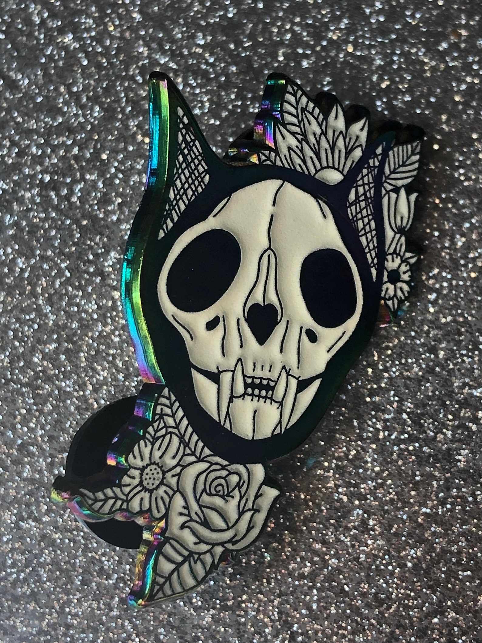 Rainbow Metal Floral Cat Skull Glow in the Dark Enamel Pin | Etsy