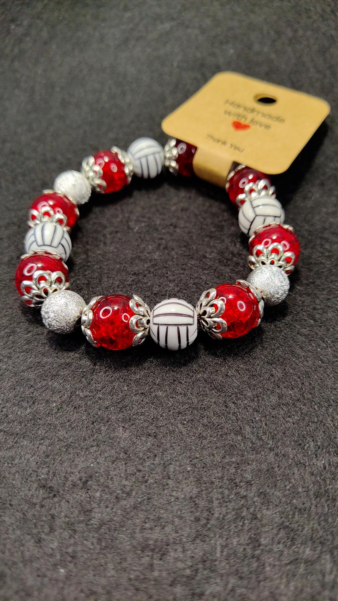 Volleyball Bracelet, Volleyball Red Bead Bracelet, Volleyball Silver ...
