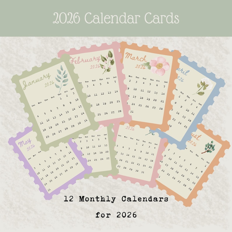 2026 Calendar Cards With Vintage Stamp Aesthetic,small Desk Calendar in ...