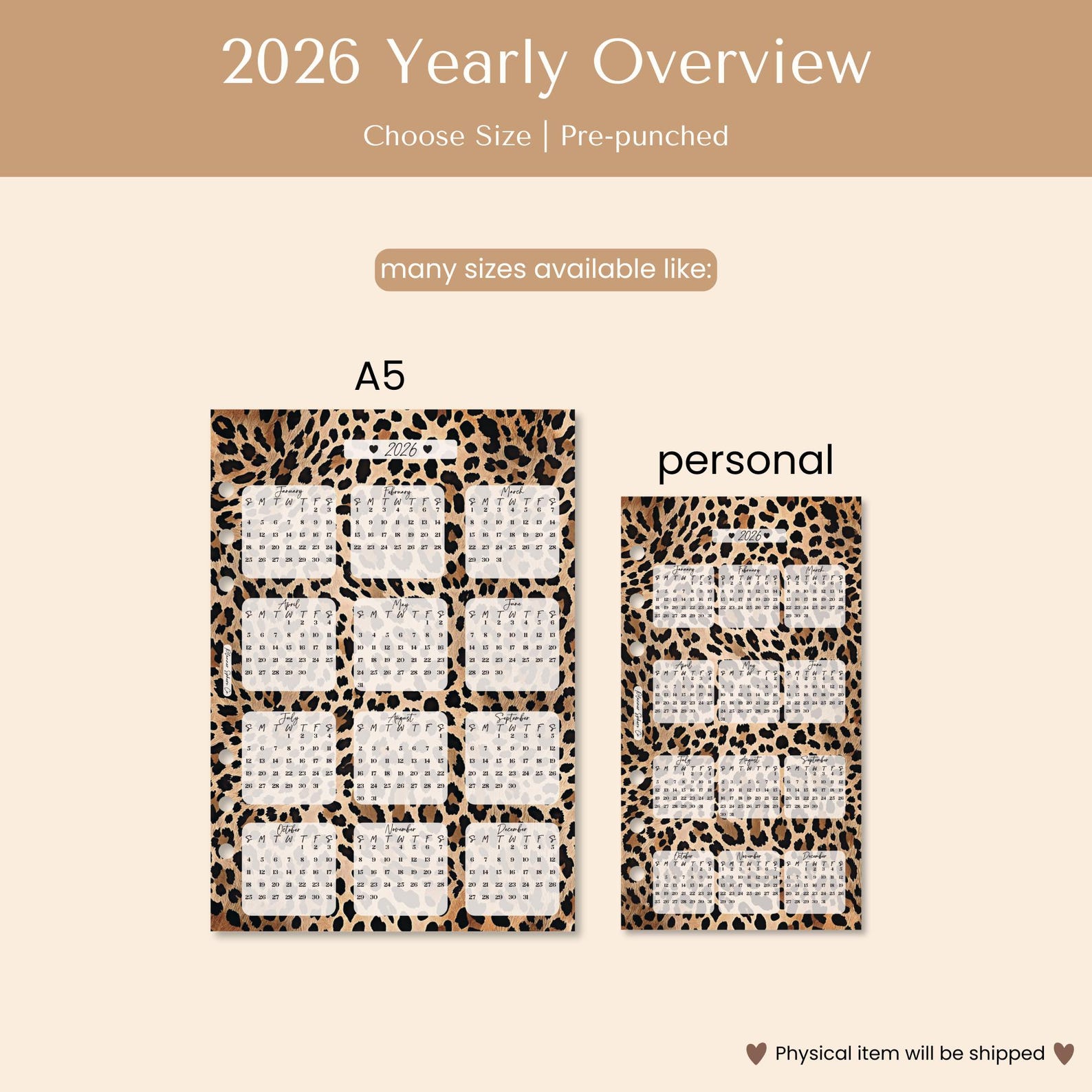 2026 Calendar| Yearly Overview With Elegant Cheetah Print for Disc ...