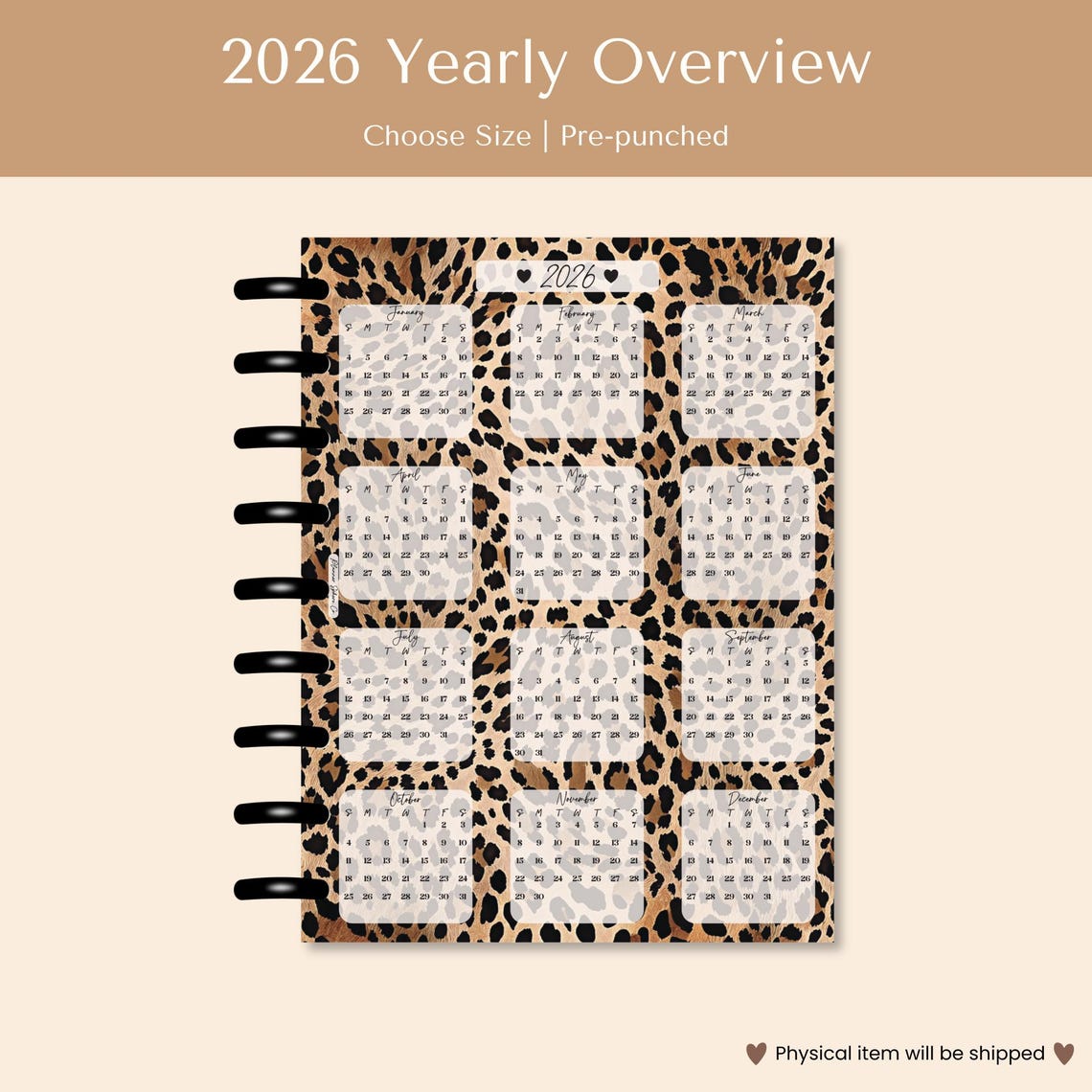 2026 Calendar| Yearly Overview With Elegant Cheetah Print for Disc ...