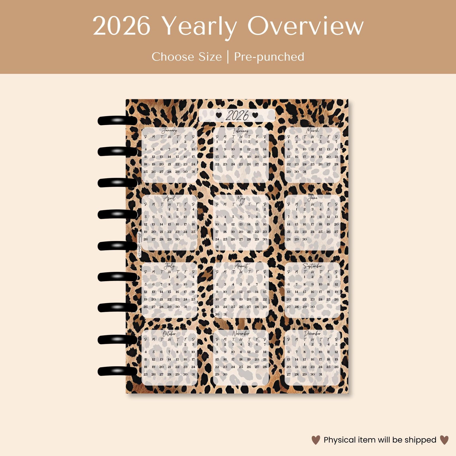 2026 Calendar| Yearly Overview With Elegant Cheetah Print for Disc ...