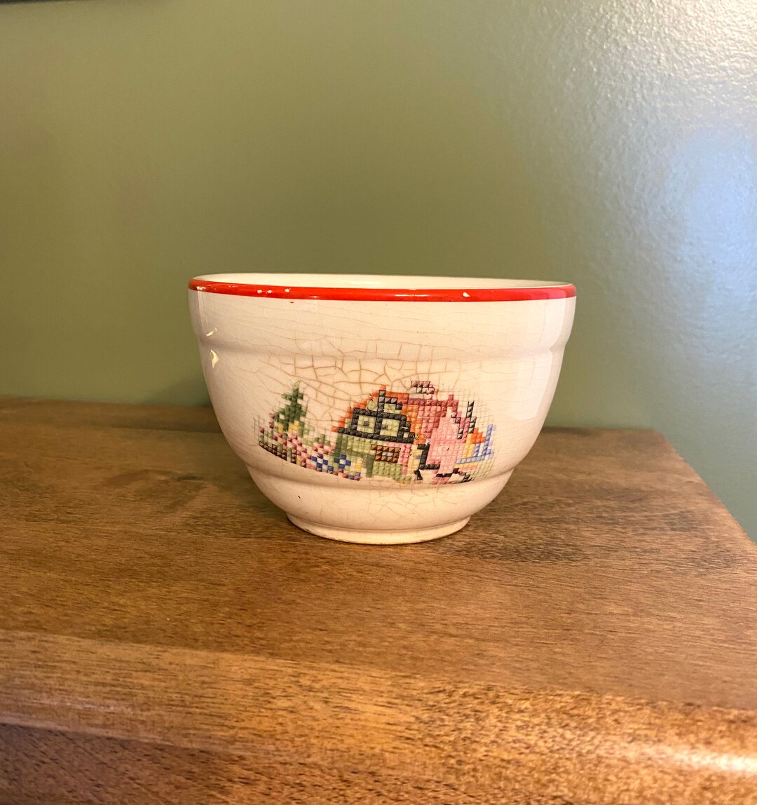 Vintage Stoneware Bowl With Crosstitch Applique and Red Rim, Vintage ...