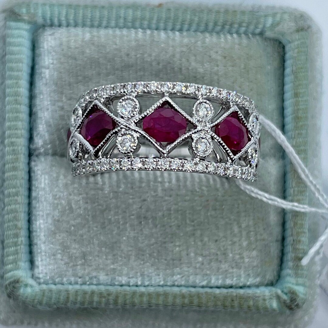 Ruby Diamond Ring, 18K White Gold Ruby and Diamond Band, Genuine Ruby ...