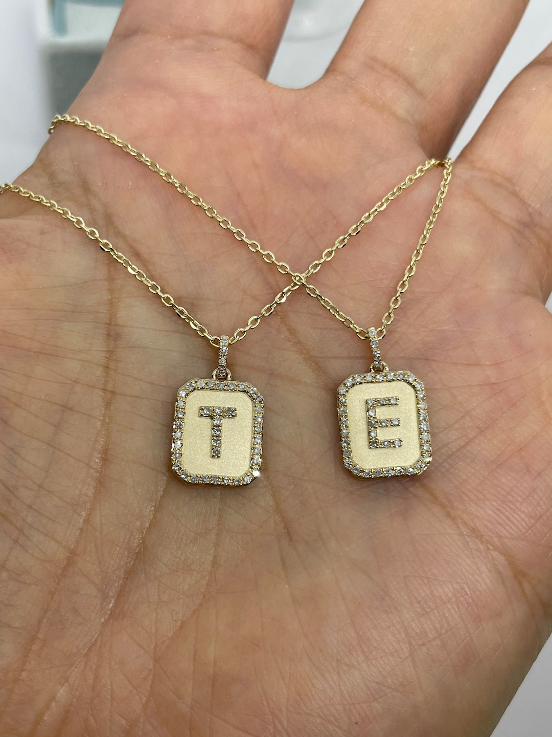 Diamond Initial Necklace, 14K Yellow Gold Initial Pendant, Dainty ...