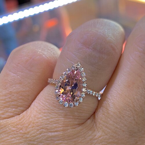 Unique Halo Morganite Engagement Ring Set 14k Rose Gold | Etsy