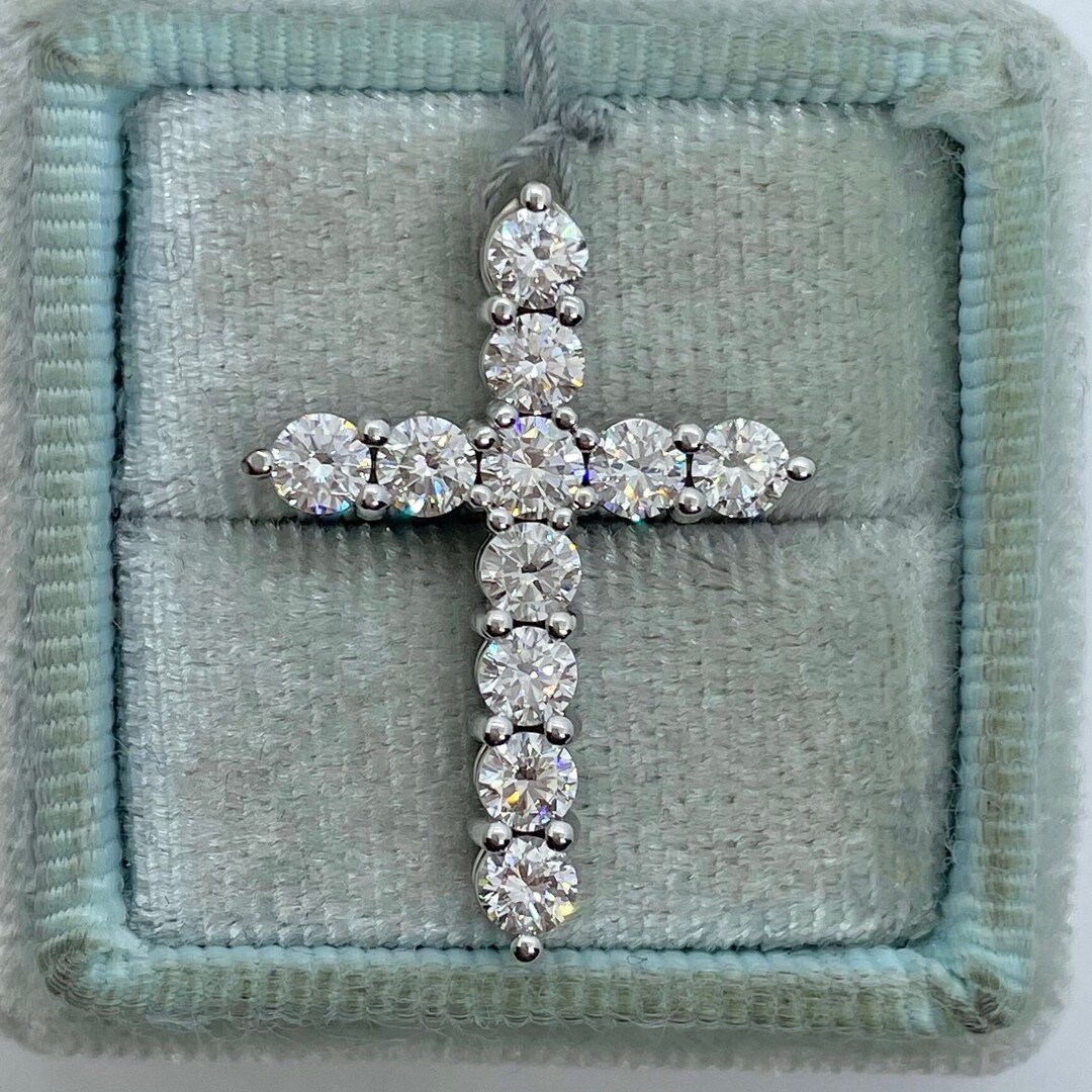 Diamond Cross Necklace, Diamond Cross Pendant 18K White Gold, Round Brilliant Cut Diamond Cross ...