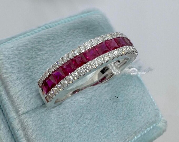 18K White Gold Ruby Diamond Ring Anniversary Band, Ruby Diamond Band ...