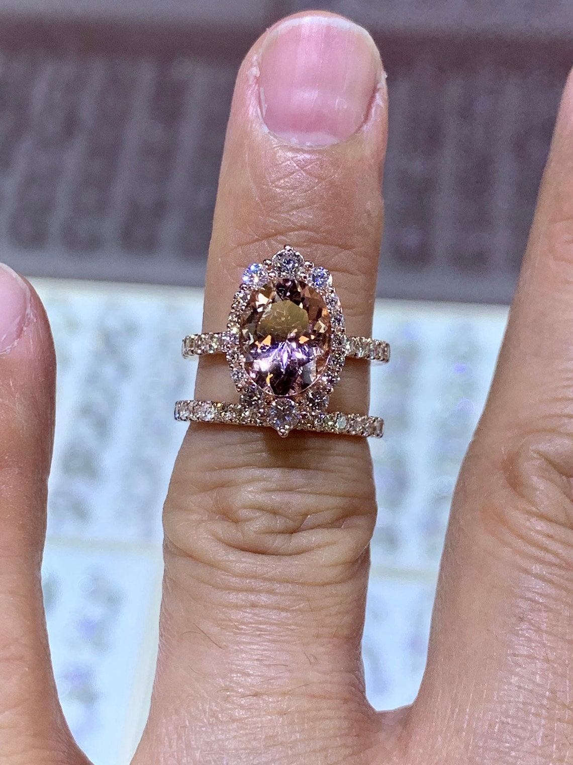 Oval Morganite Engagement Ring Set, 14K Rose Gold Halo, Diamond Wedding ...