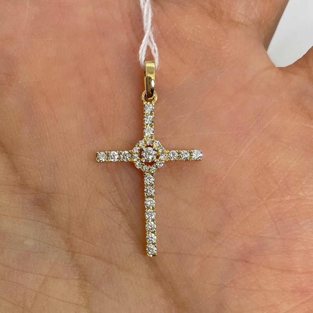 18K Yellow Gold Diamond Cross Pendant, Genuine Diamond Cross, Diamond ...