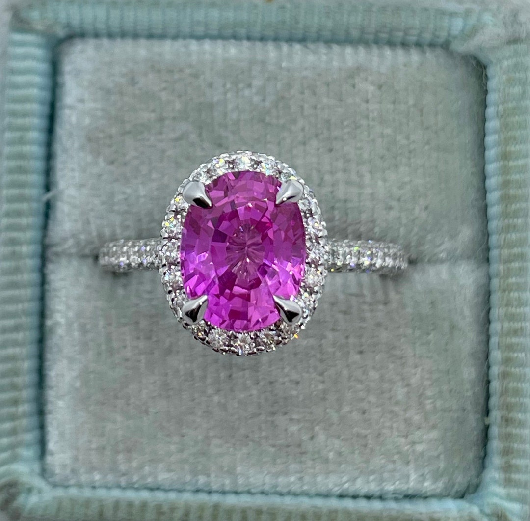 Pink Sapphire Ring, Pink Sapphire Engagement Ring, Lab Created Pink 18K ...