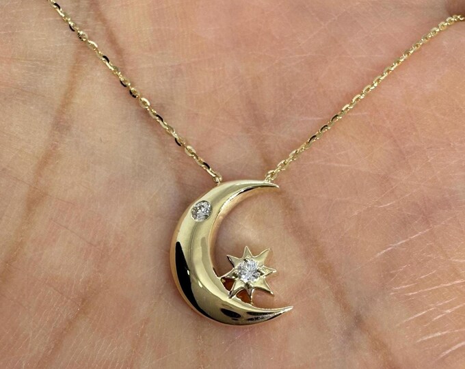 Moon Star Necklace, Diamond Moon and Star Necklace, 14K Yellow Gold ...