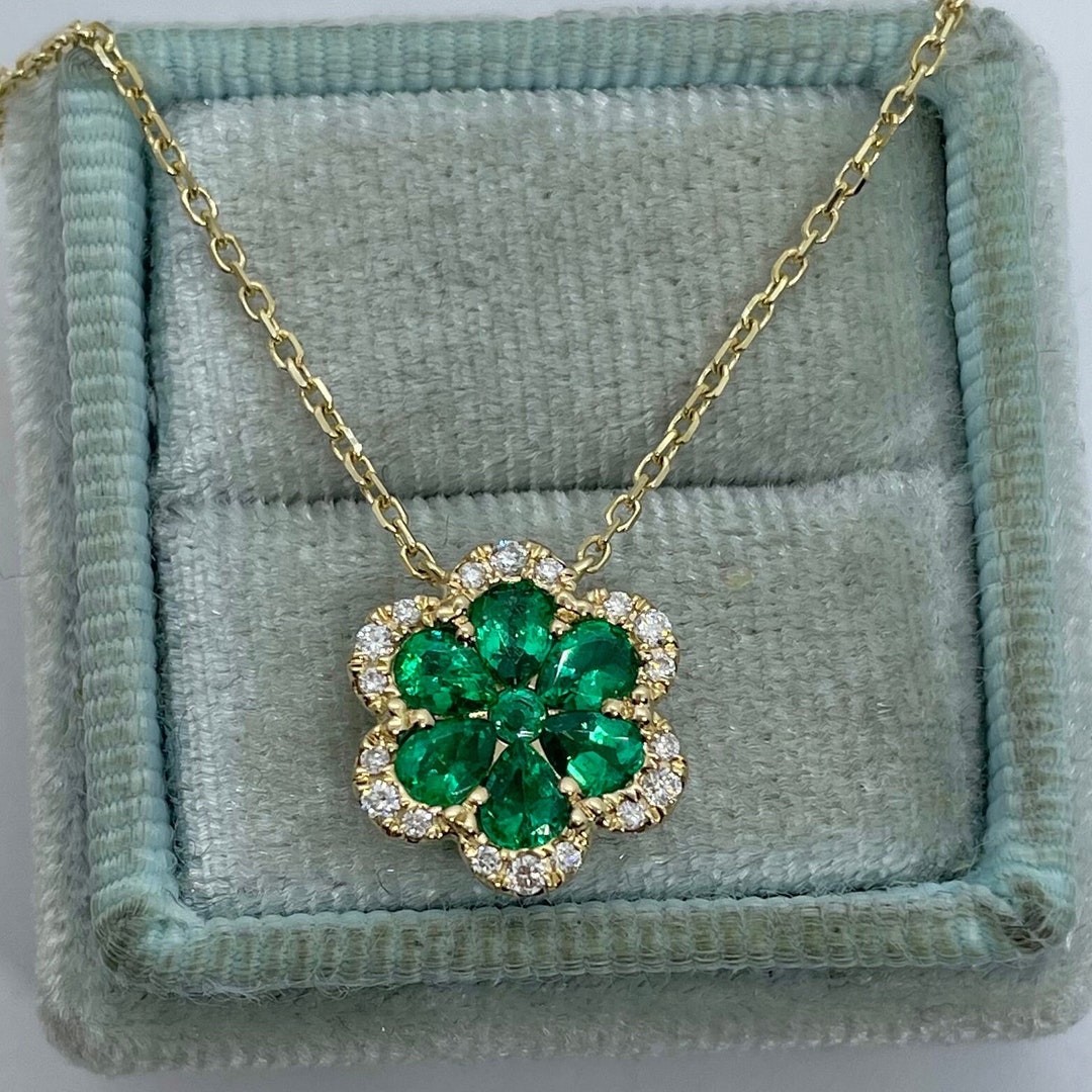 Emerald Flower Necklace, Emerald and Diamond Necklace, 14K Yellow Gold ...