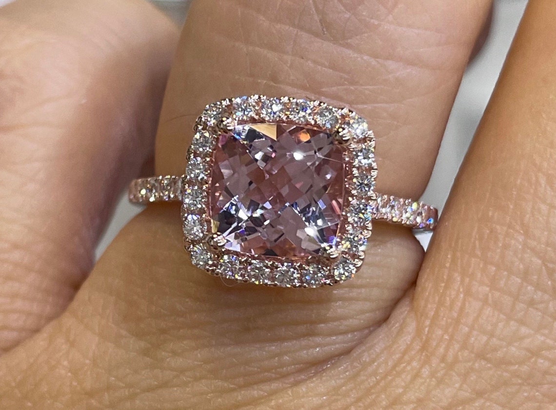 Cushion Cut Morganite, Genuine Cushion Morganite Ring, 14K Rose Gold ...