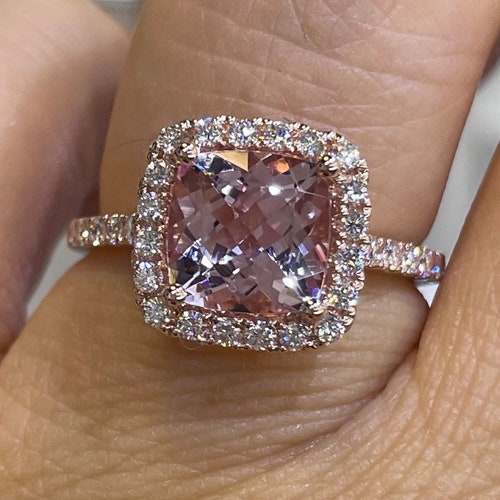 Cushion Morganite And Diamond Ring 14k Rose Gold Cushion Halo Etsy