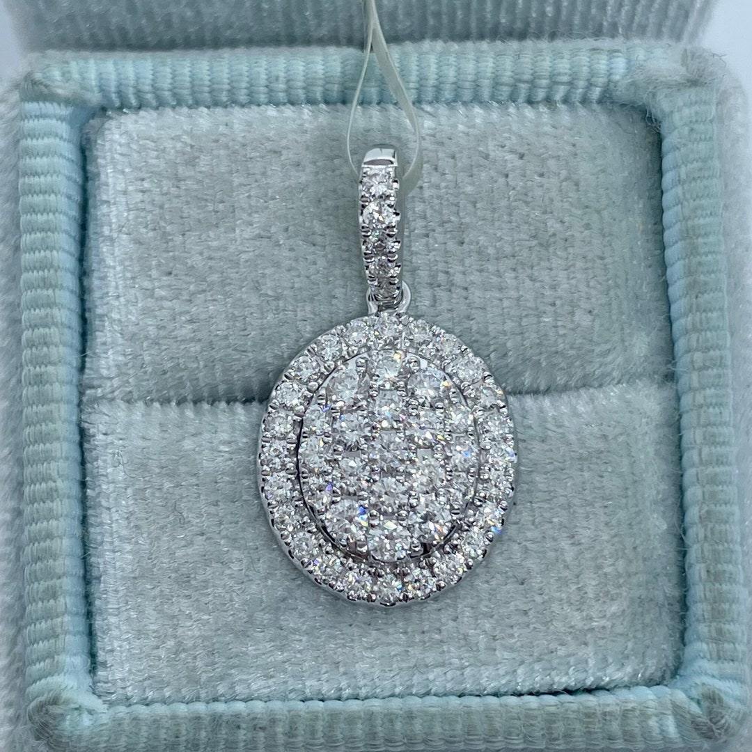 18K White Gold Oval Diamond Pendant, Oval Diamond Necklace, Oval Halo ...