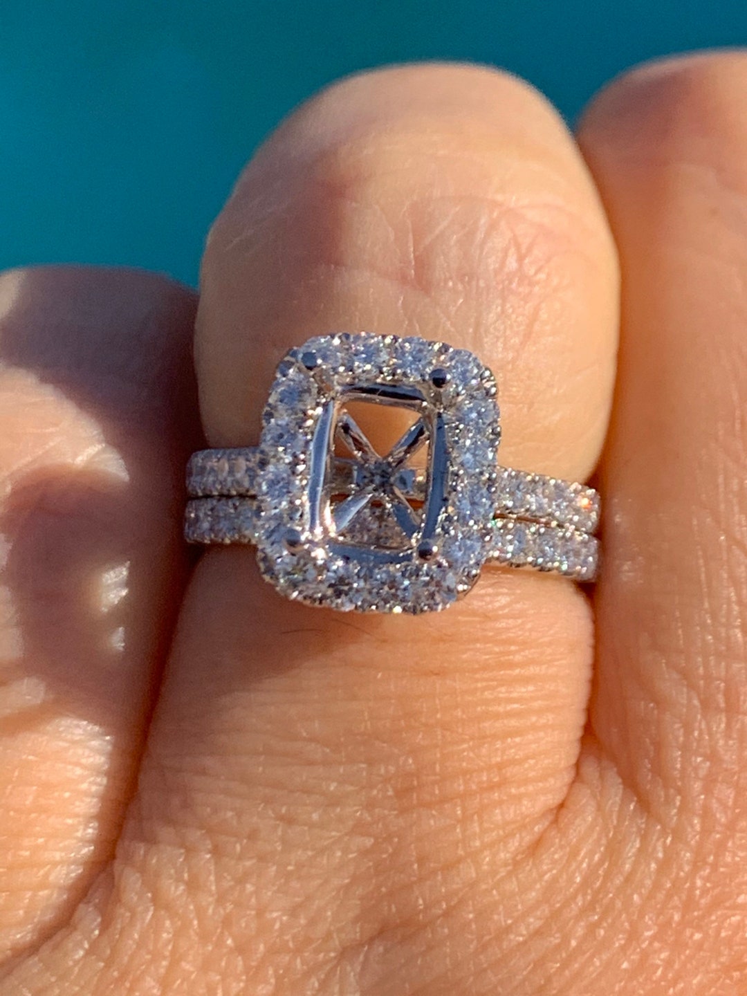 Diamond Semi Mount, Emerald Cut Diamond Setting, Radiant Halo Genuine ...