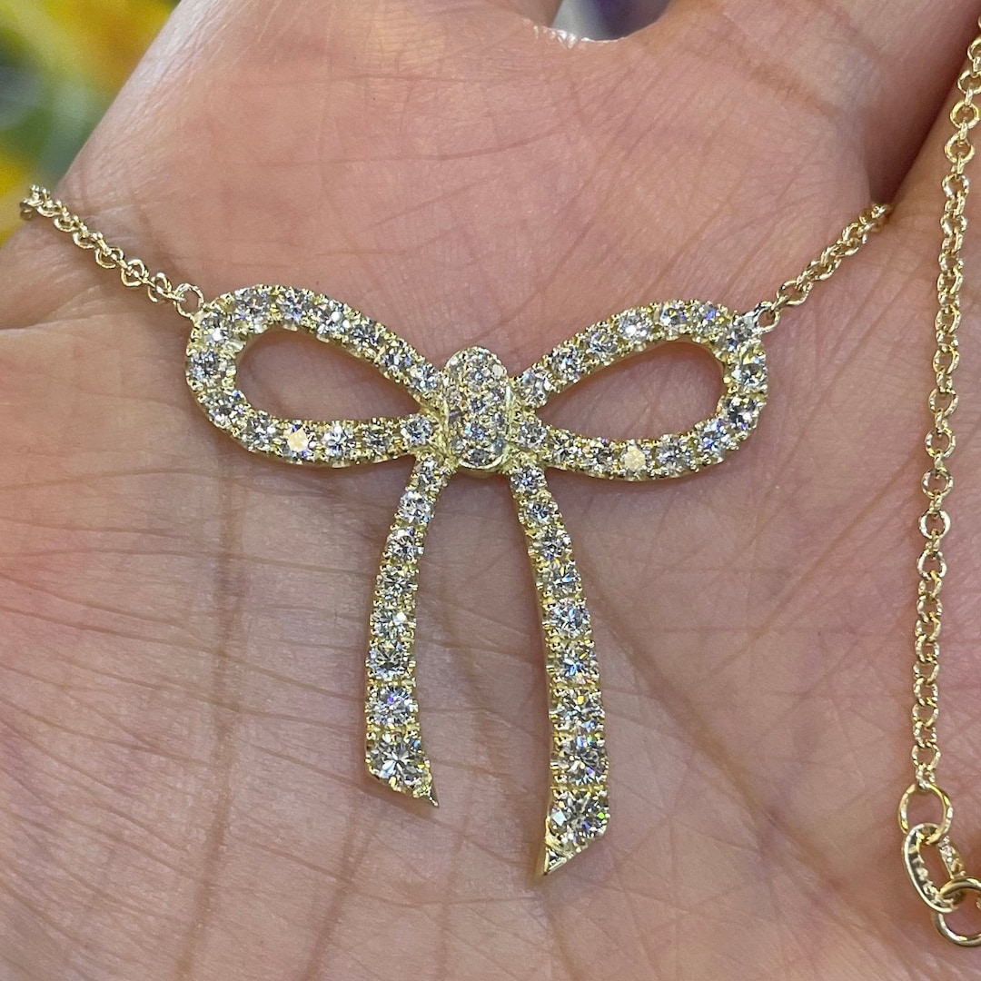 Bow Necklace Solid Gold, 18K Yellow Gold Diamond Bow Necklace, Bow Pendant Necklace - Etsy
