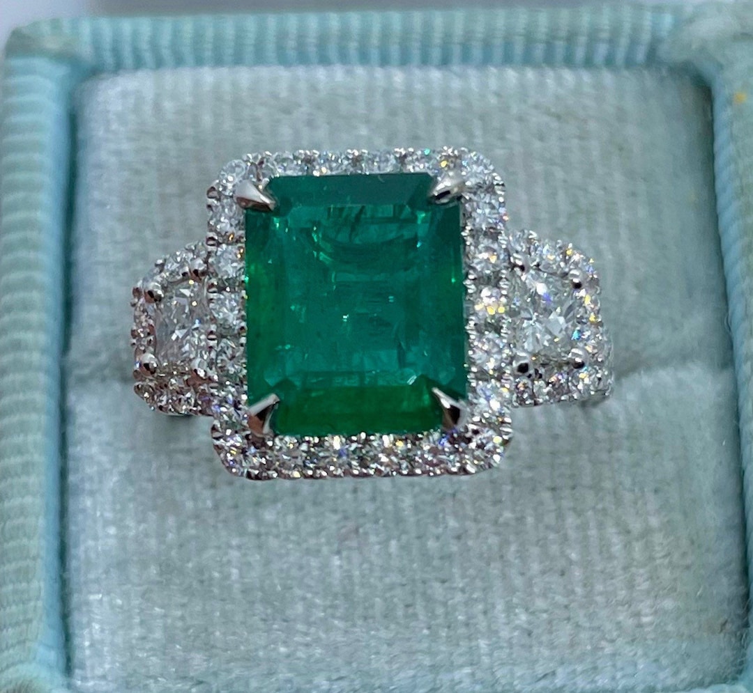 Genuine Emerald Ring, 18K White Gold Green Emerald Diamond Ring ...