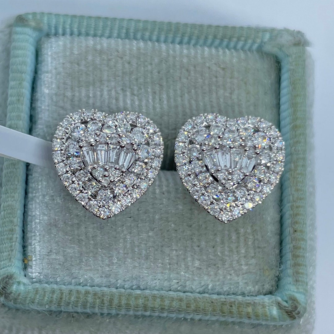 18K White Gold Heart Diamond Earrings, Natural SI Clarity - Etsy
