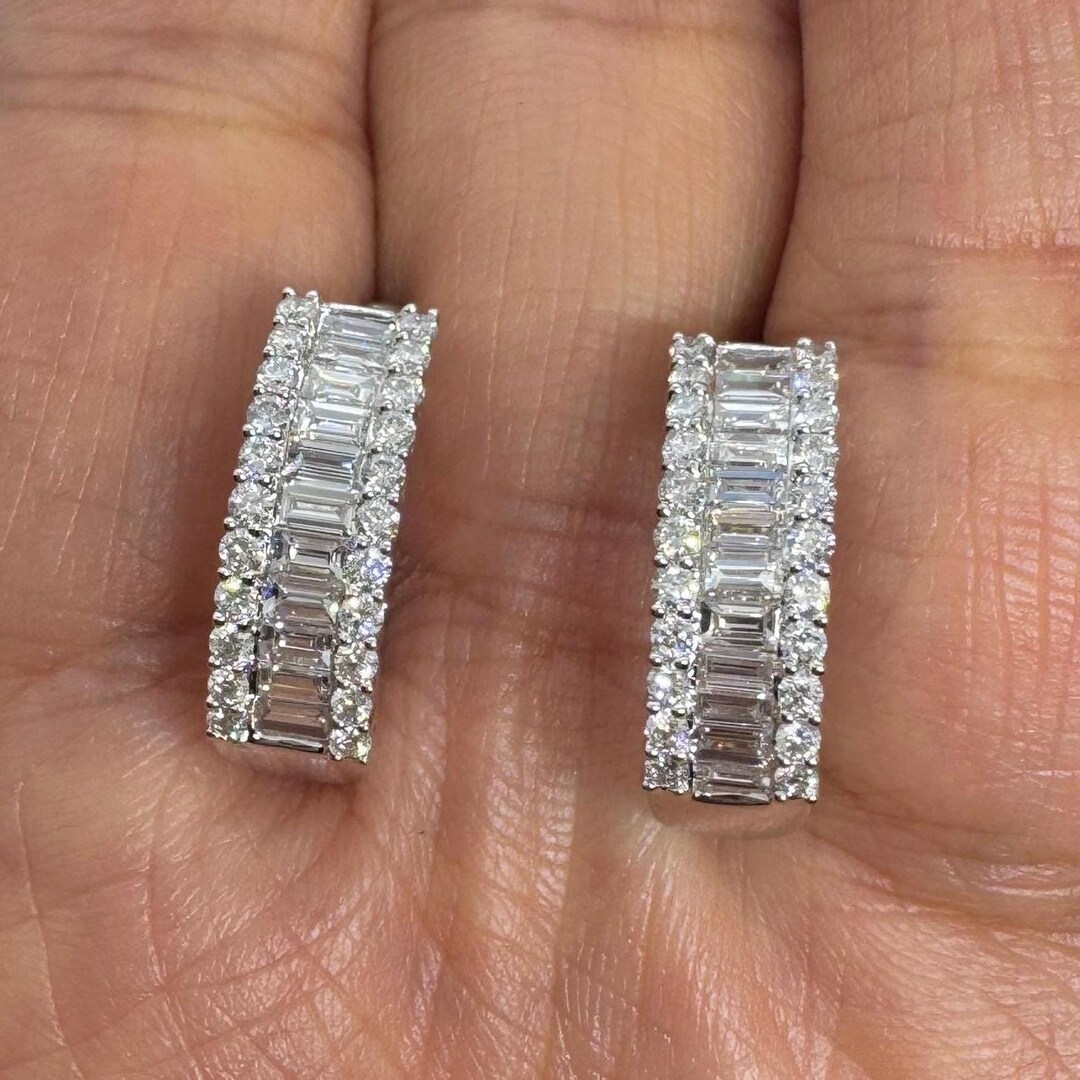 Baguette Hoop Earrings, Baguette Diamond Hoops, Diamond Earrings, 18K ...