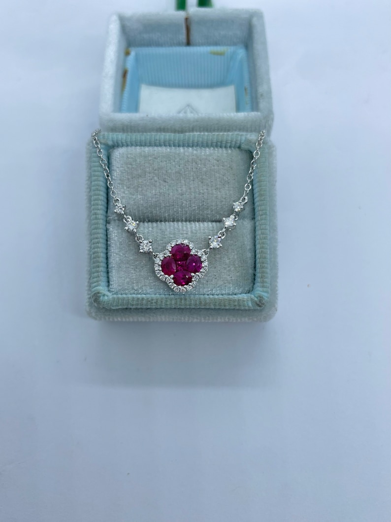 Ruby Diamond Necklace 18K White Gold Ruby Diamond Clover - Etsy