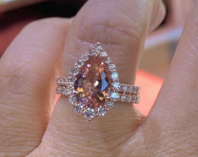 Stunning Pear Morganite Bridal Set, Pear Morganite Engagement Ring ...