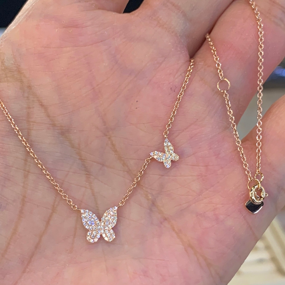 14K Gold Diamond Double Butterfly Pendant Necklace - Etsy