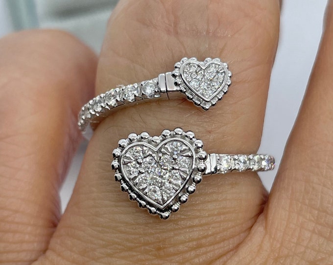 Heart Bypass Ring, Diamond Bypass Ring, 14K White Gold Diamond Double ...