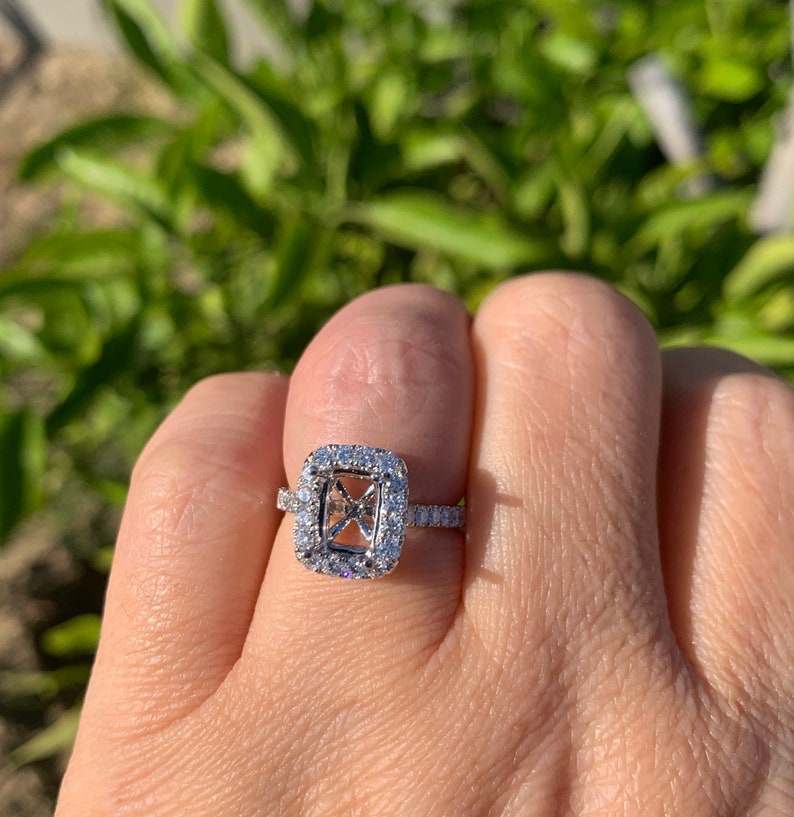 Diamond Semi Mount, Emerald Cut Diamond Setting, Radiant Halo Genuine ...