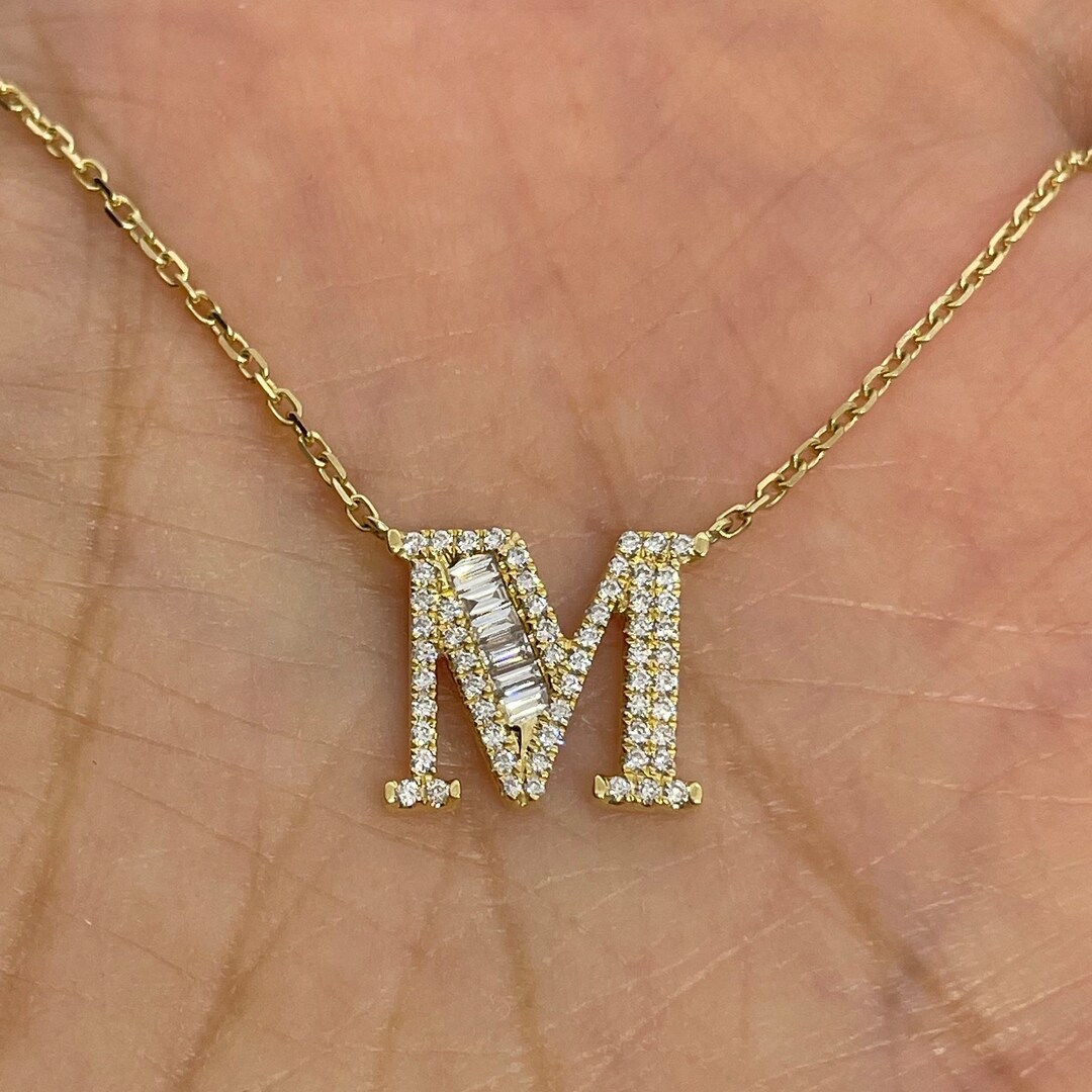 M Initial Necklace, Initial M Pendant, Diamond M Initial, 18K Yellow ...