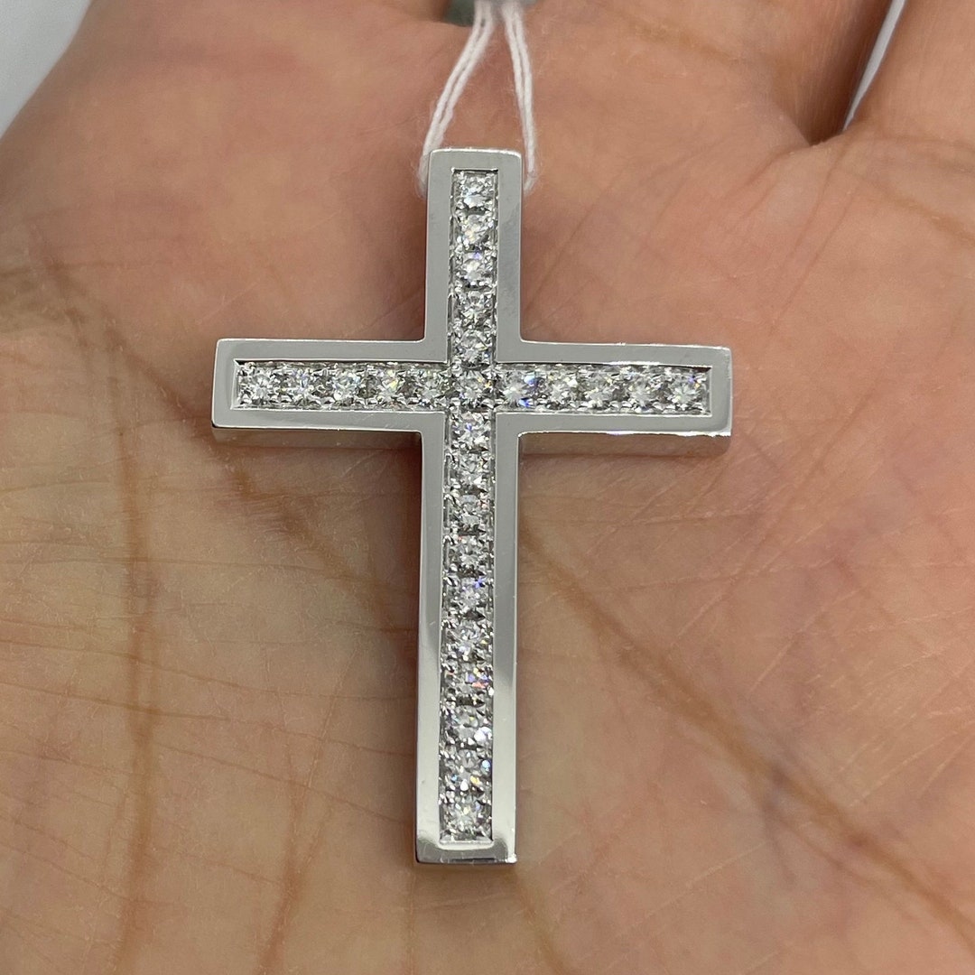 Men Diamond Cross, 18K White Gold Diamond Cross Necklace, Natural ...