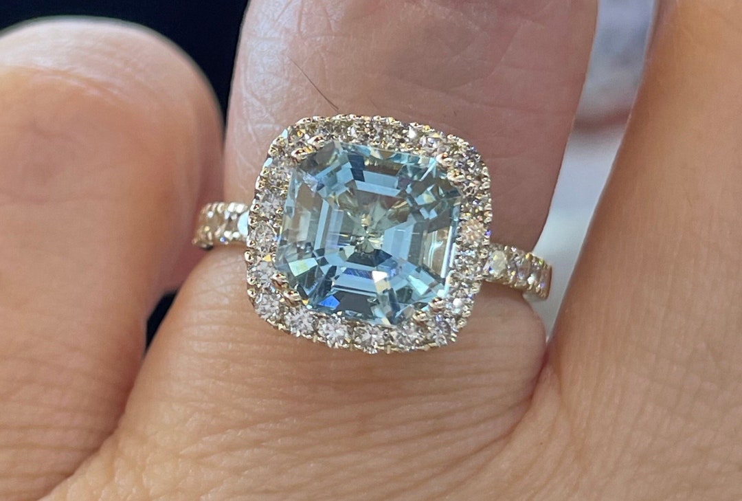 Square Aquamarine Ring, Aquamarine Diamond Ring, 14K Yellow Gold ...