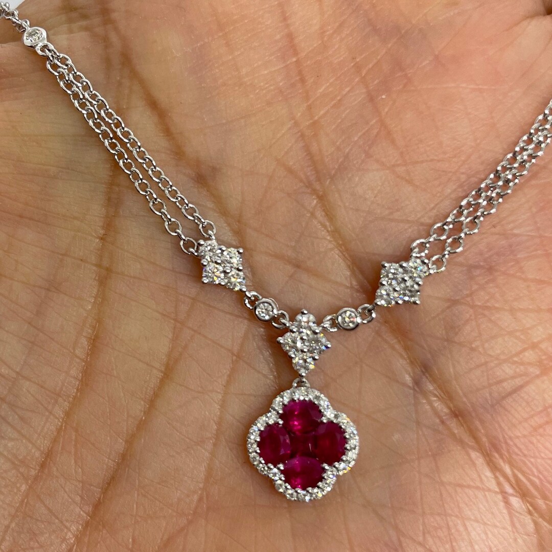Ruby Diamond Necklace , 18K White Gold Ruby Diamond Flower Necklace ...