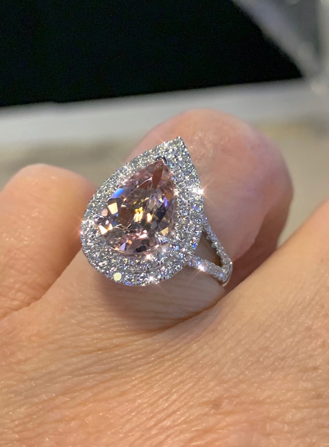 Pear Morganite and Diamond Ring, Double Halo Pear Morganite White Gold ...
