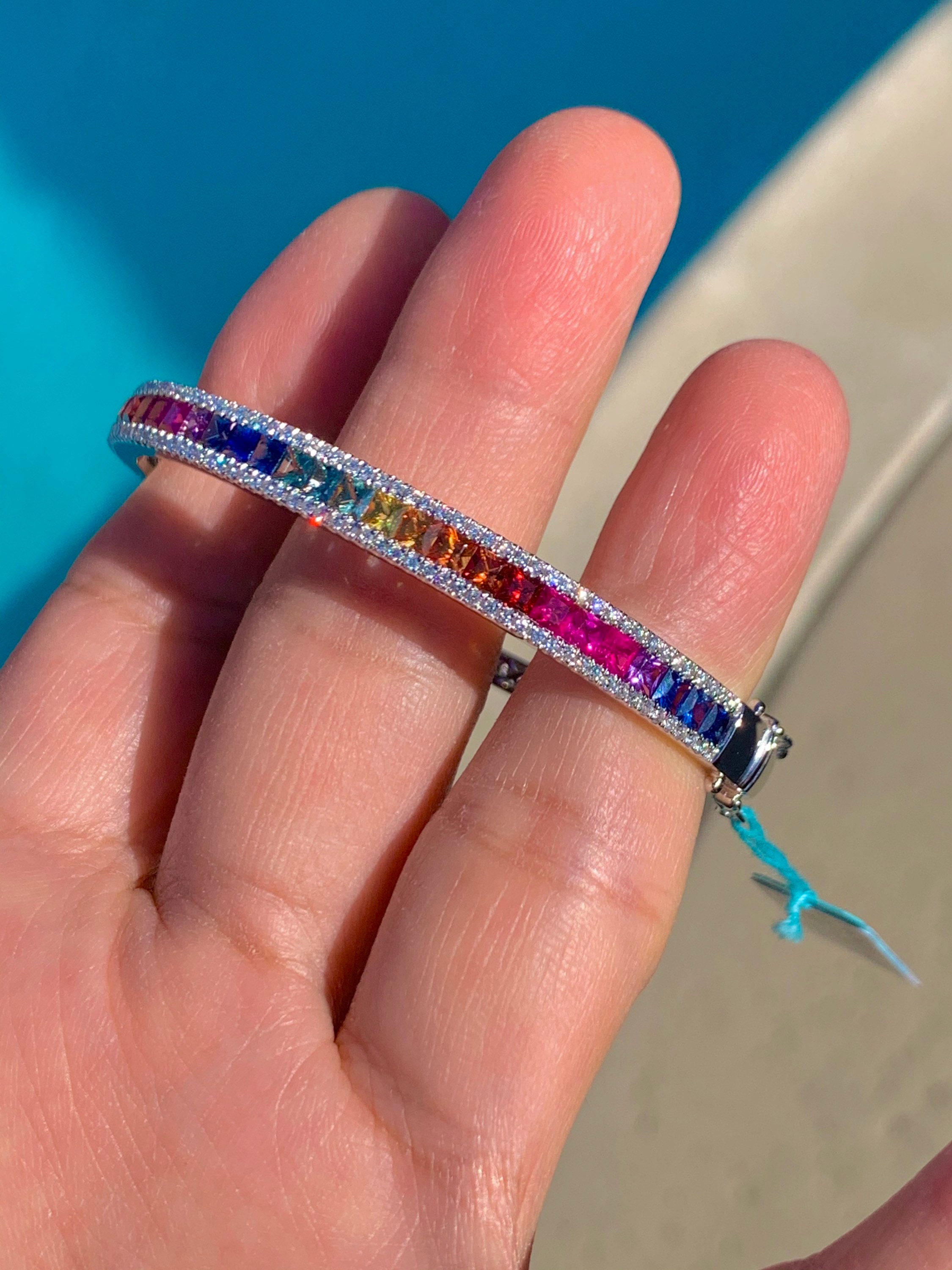 Rainbow Sapphire Bracelet Fancy Color Sapphire Bangle 18K | Etsy