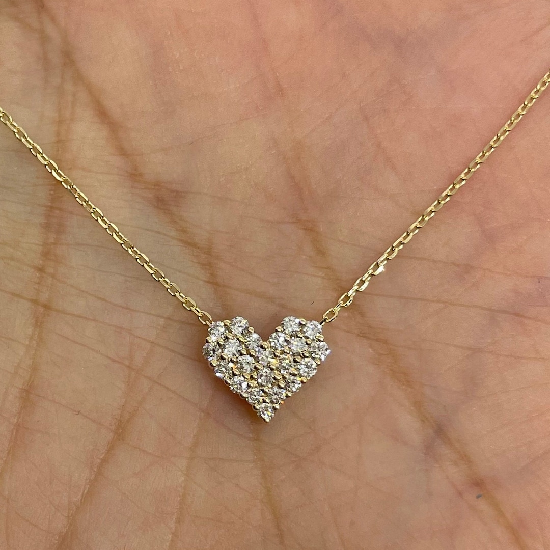 Diamond Heart Necklace, Dainty Heart Necklace, 18K Yellow Gold Heart ...