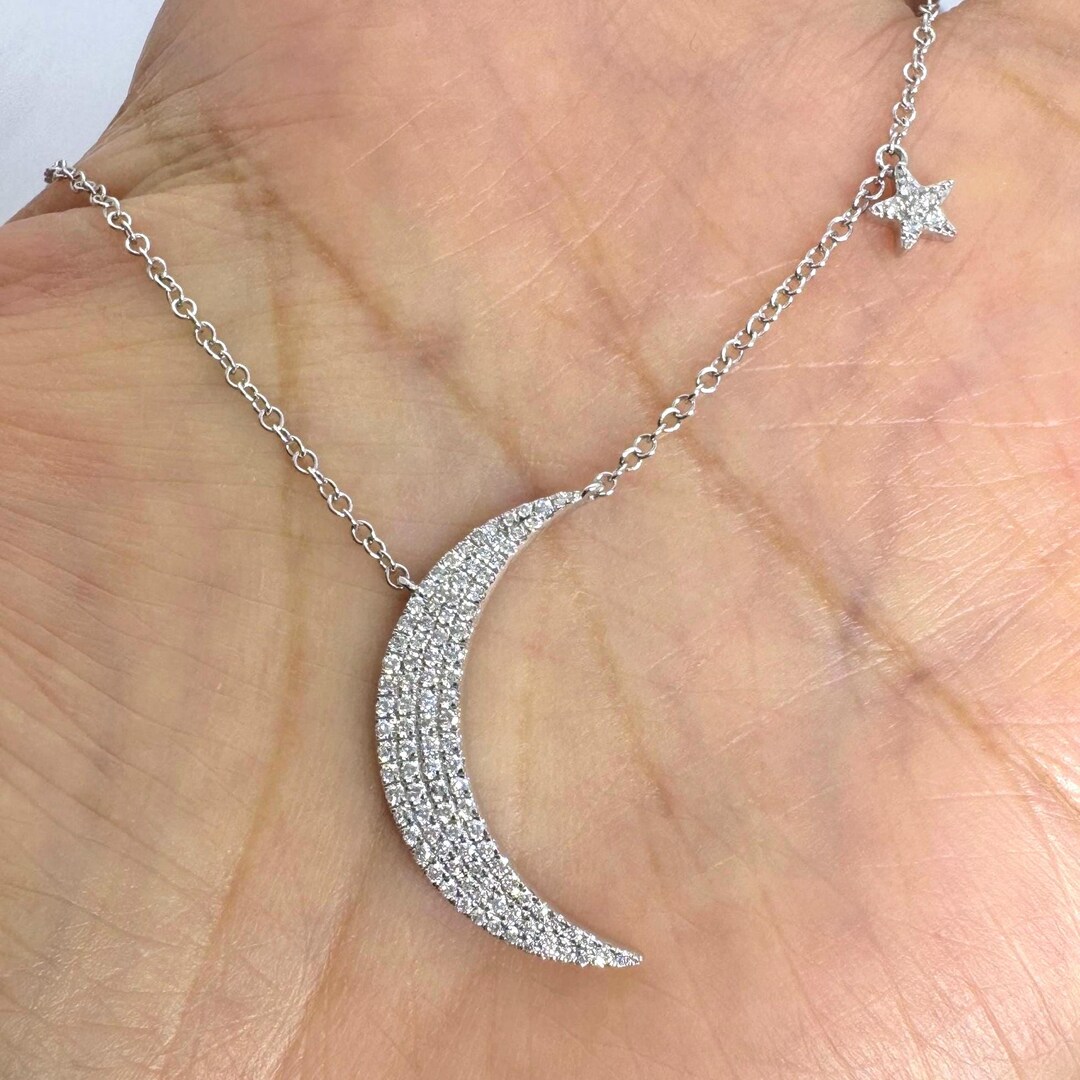 Moon Star Necklace, Diamond Moon and Star Necklace, 18K White Gold ...