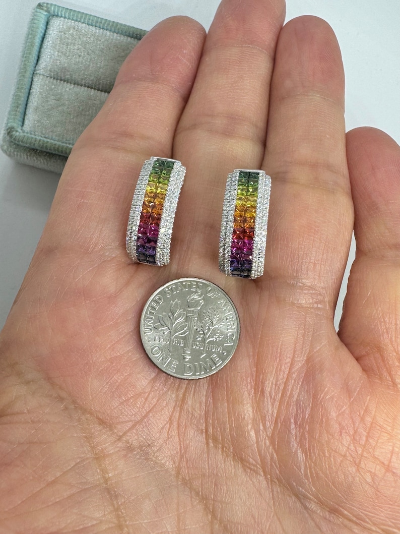 Rainbow Sapphire Diamond Hoop Earrings, 18K White Gold - Etsy