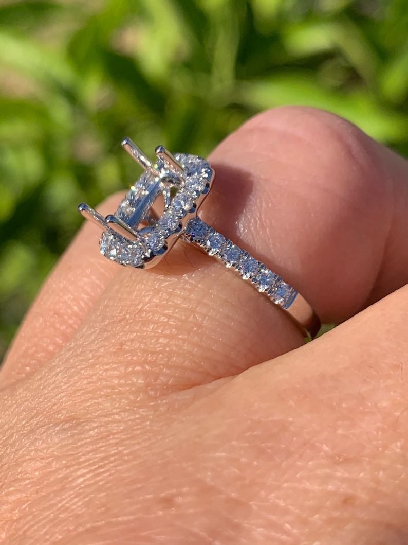 Diamond Semi Mount, Emerald Cut Diamond Setting, Radiant Halo Genuine ...