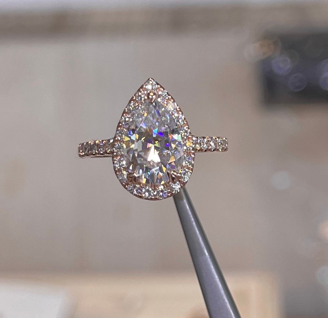 Pear Moissanite Halo Engagement Ring, 14K Rose Gold, Diamond Accents - Etsy