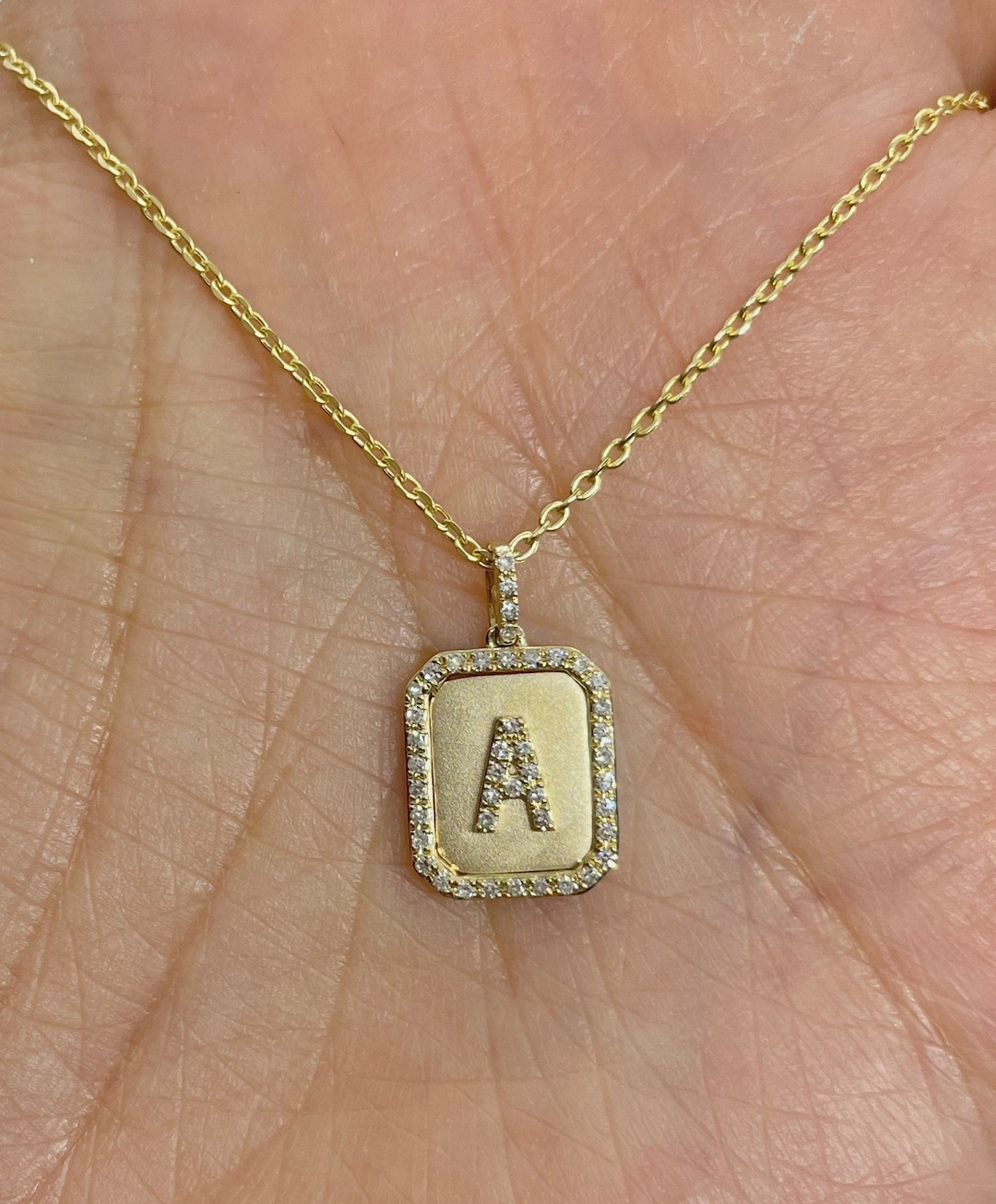 Diamond Initial Necklace 14K Yellow Gold Initial Pendant - Etsy