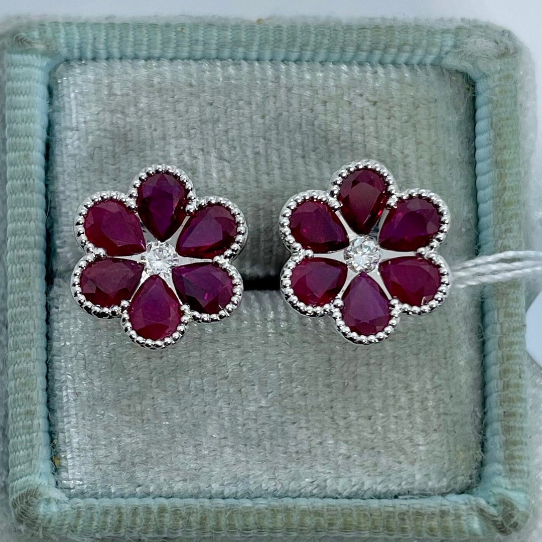 Ruby Diamond Stud Earrings, Ruby Flower Earrings, 18K White Gold ...