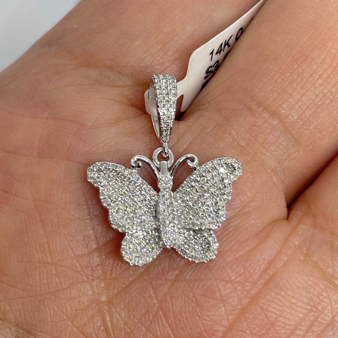 14K White Gold Diamond Butterfly Necklace, Butterfly Pendant, Butterfly ...