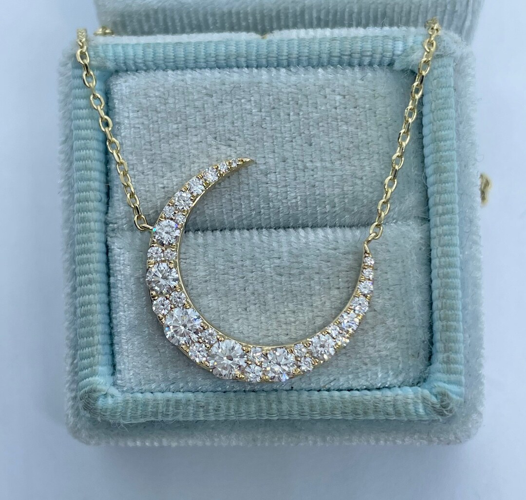 Diamond Moon Necklace Gold, Moon Diamond Necklace, 14K Yellow Gold ...