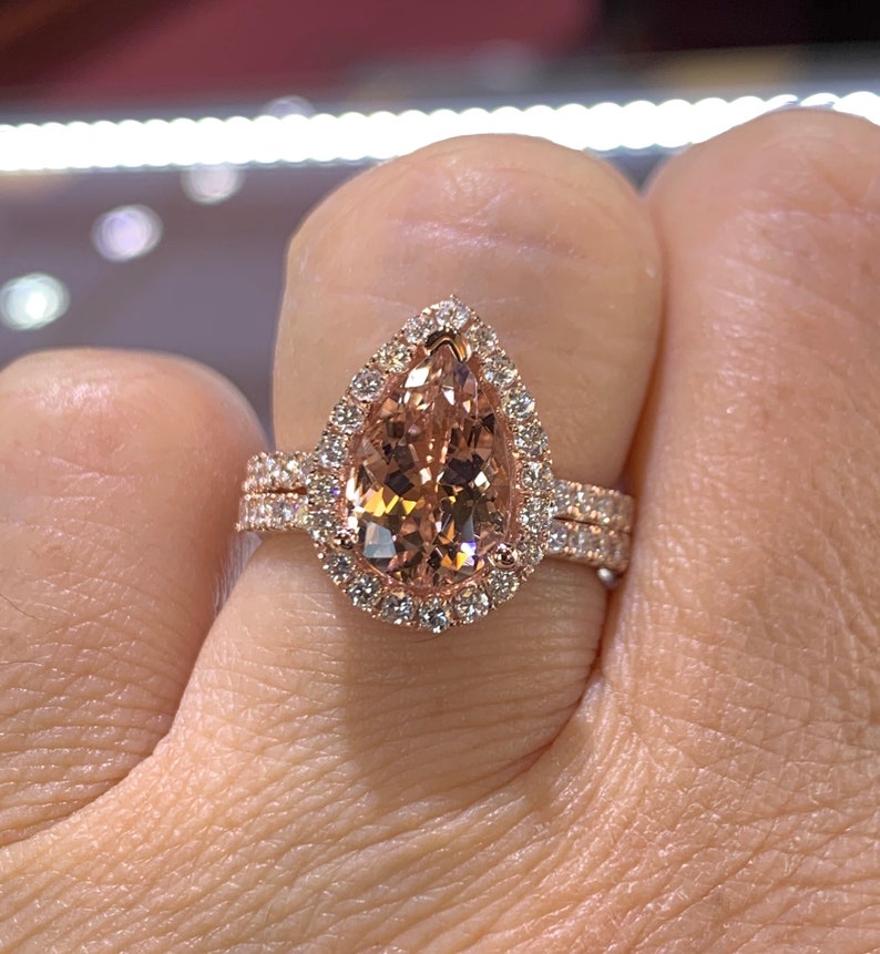 Pear Morganite Ring Rose Gold Genuine Peach Morganite Halo - Etsy