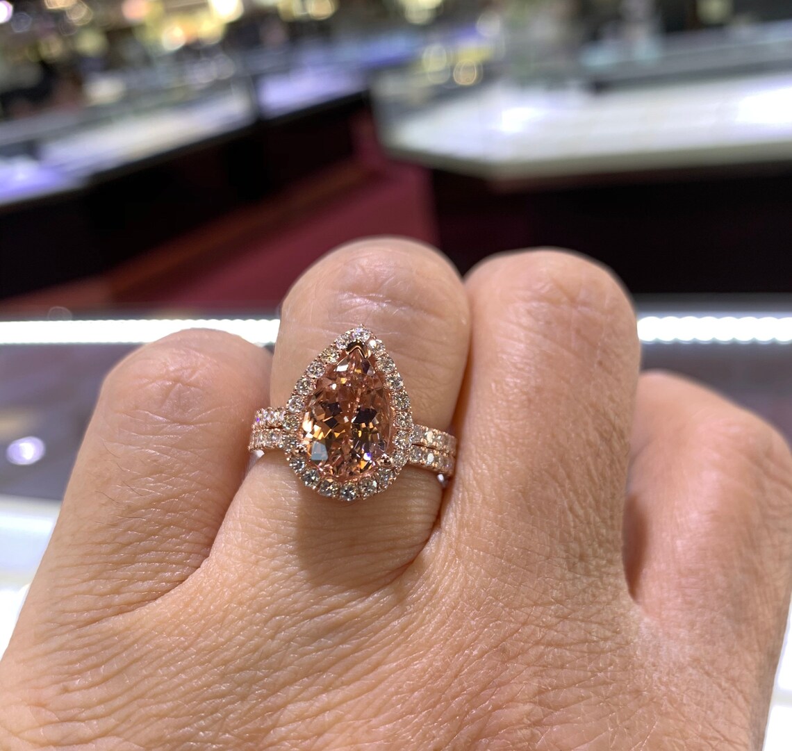 Pear Morganite Ring Rose Gold Genuine Peach Morganite Halo - Etsy
