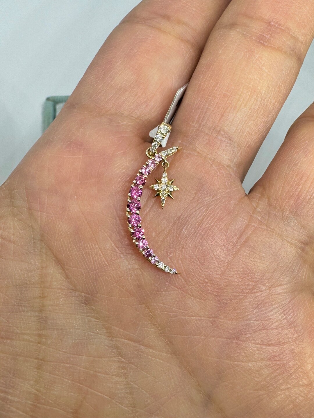 14K Yellow Gold Diamond Moon and Star Necklace, Pink Sapphire - Etsy